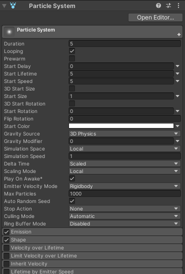 Componente Unity Particle System na visualização do inspetor.