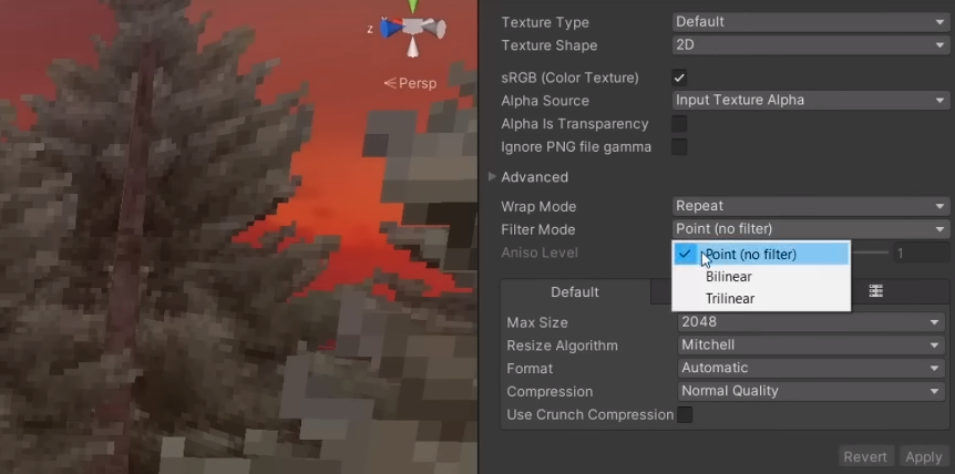 Configurações de importação de imagens do Unity para uma aparência retrô.
