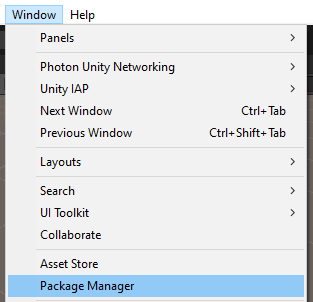 Menu do gerenciador de pacotes Unity