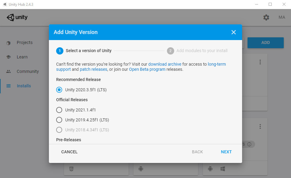 Instalação do Unity Hub
