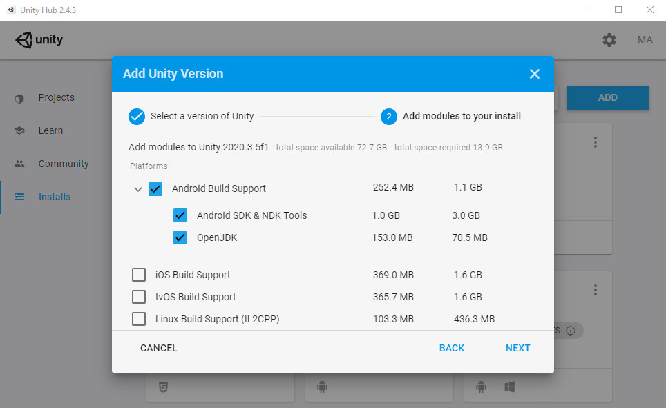 Seleção de módulo complementar do Unity Hub