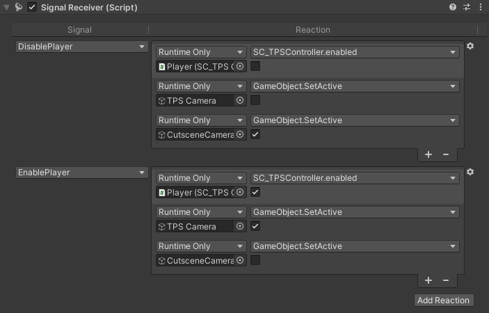 Configuração das reações do sinal da linha do tempo do Unity